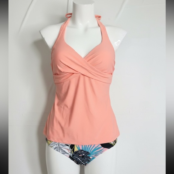 Swim | Peach Halter Tankini Top With Tropical Print Bottoms Swim Suit ...